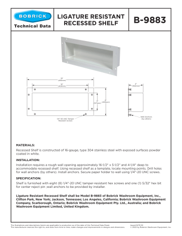 Bobrick B-9883 Recessed Shelf Technical Data Sheet | Manualzz