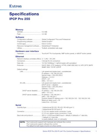 Extron IPCP Pro 255 Specifications | Manualzz