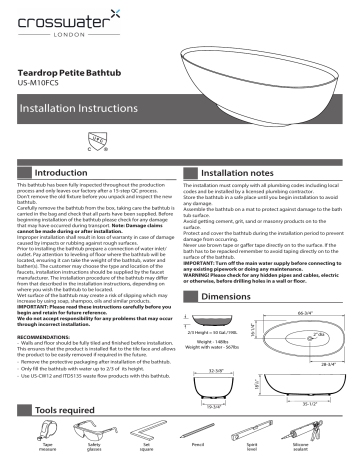 Crosswater US-M10FCS Teardrop Petite Bathtub Installation Instructions ...