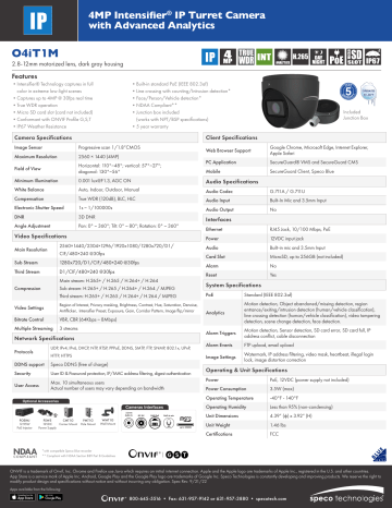 Speco O4iT1M 4MP Intensifier IP Turret Camera Spec Sheet | Manualzz