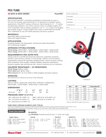 Sioux Chief PEX Tubing Spec Sheet | Manualzz