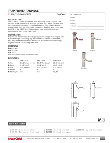 Sioux Chief TrapEase™ Spec Sheet | Manualzz