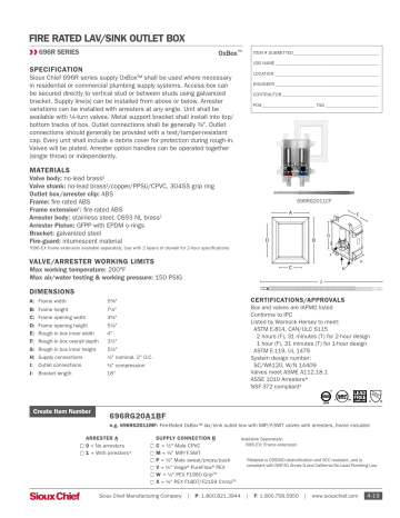 Sioux Chief Fire-Rated OxBox™ Lavatory Outlet Box Spec Sheet | Manualzz