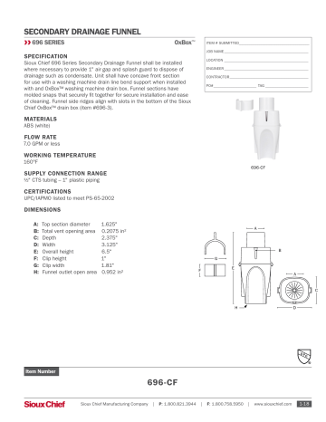 Sioux Chief Secondary Drainage Funnel Spec Sheet | Manualzz
