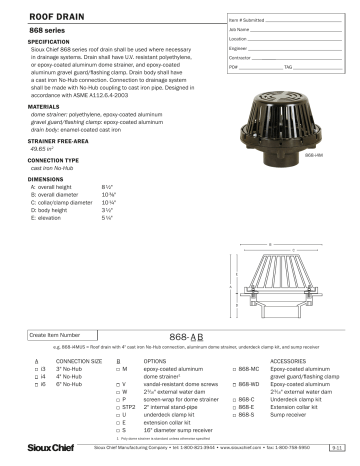 Sioux Chief 868 Series No-Hub Roof Drain Spec Sheet | Manualzz