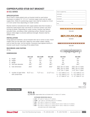 Sioux Chief Stub Out Bracket Spec Sheet | Manualzz