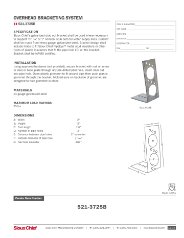 Sioux Chief Stub Out Bracket Spec Sheet | Manualzz