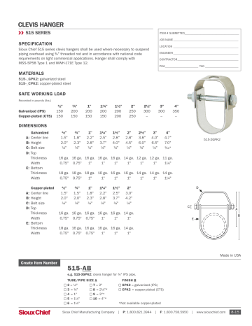 Sioux Chief Clevis Hanger Spec Sheet | Manualzz