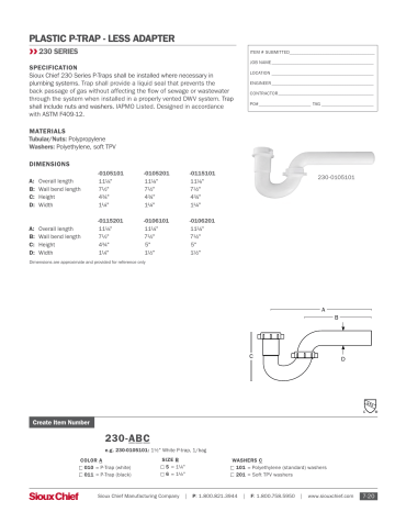 Sioux Chief Standard P-Traps Spec Sheet | Manualzz