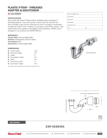 Sioux Chief Standard P-Traps Spec Sheet | Manualzz