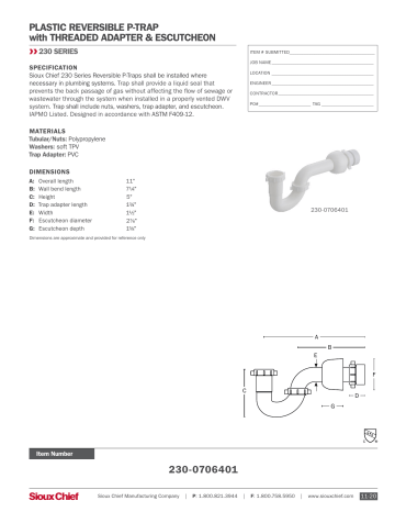Sioux Chief Reversible P-Traps Spec Sheet | Manualzz