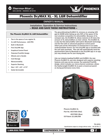 Phoenix DryMAX XL LGR Dehumidifier Owner's Manual | Manualzz