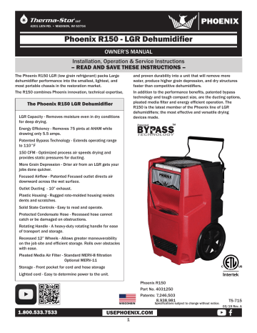 Phoenix R150 LGR Dehumidifier Product Manual | Manualzz