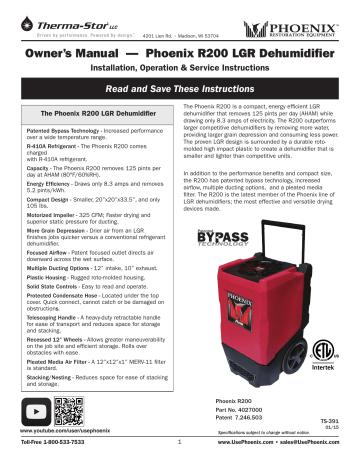 Phoenix R200 LGR Dehumidifier Product Manual | Manualzz