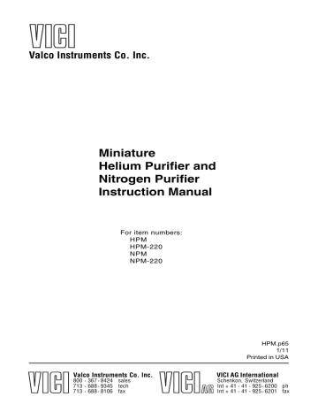 VICI HPM and NPM Gas purifier Owner's Manual | Manualzz