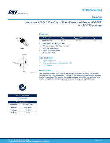 STMicroelectronics STP80N340K6 Datasheet | Manualzz