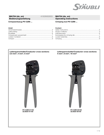 Staubli MA704 - PV-CZM Crimping tool for MC4 and MC4-Evo 2 User Manual | Manualzz