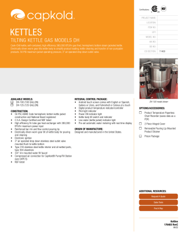 Capkold DH, Tilting Kettle Gas Spec Sheet | Manualzz