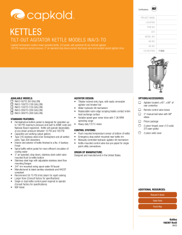 Capkold INA/3-TO, Tilt-Out Agitator Kettle Spec Sheet | Manualzz