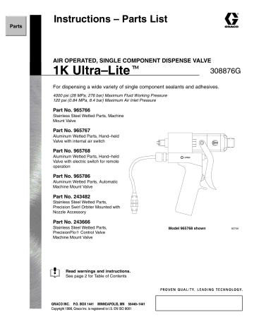 Graco 308876G 1K Ultra-Lite Dispense Valve Owner's Manual | Manualzz