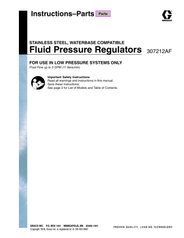 Graco 307212AF Fluid Pressure Regulators, SST, WaterBase Compatible Owner's Manual | Manualzz