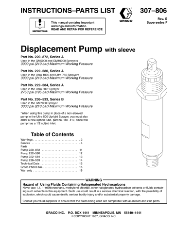 Graco 307806G Displacement Pump Owner's Manual | Manualzz