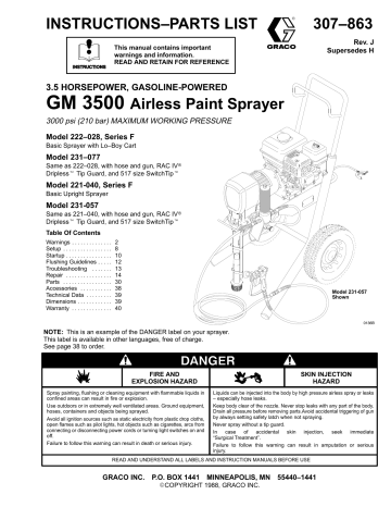 Graco 307863J GM 3500 Airless Paint Sprayer Owner's Manual | Manualzz