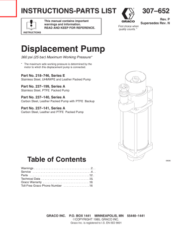 Graco 307652P Displacement Pump Owner's Manual | Manualzz
