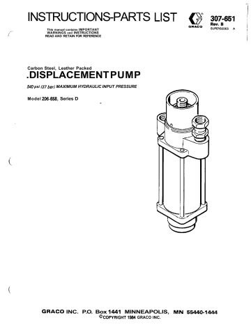 Graco 307651B Carbon Steel, Leather Packed DISPLACEMENT PUMP Owner's Manual | Manualzz