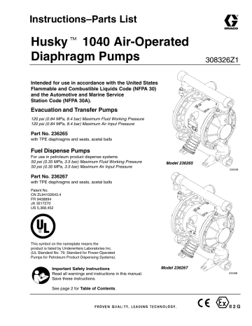 Graco 308326Z1 Husky 1040 Diaphragm Pumps Owner's Manual | Manualzz