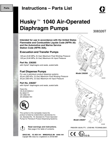 Graco Husky 1040 Air-Operated Diaphragm Pumps Owner's Manual | Manualzz