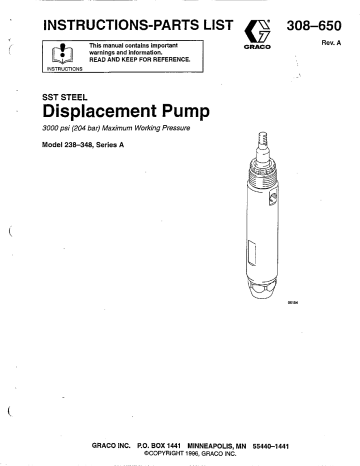 Graco 308650A SST STEEL Displacement Pump Owner's Manual | Manualzz