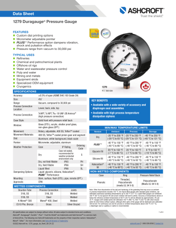 Ashcroft 1279 Duragauge Pressure Gauge Datasheet | Manualzz