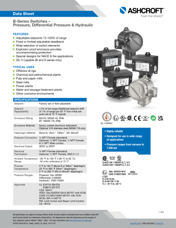 Ashcroft B-Series NEMA 4X Pressure Switch Datasheet | Manualzz