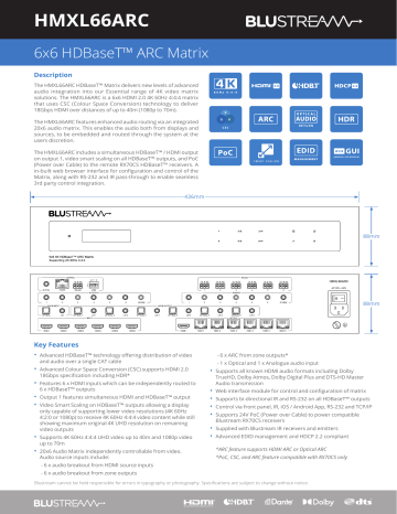 Blustream HMXL66ARC 6x6 HDBaseT™ CSC ARC Matrix Datasheet | Manualzz