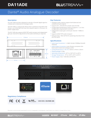 Blustream DA11ADE Dante® Audio Analog Decoder Datasheet | Manualzz