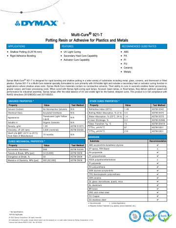 Dymax 921-T Datasheet | Manualzz