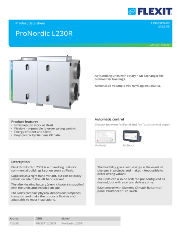 Flexit Air handling unit ProNordic L230R Data Sheet | Manualzz