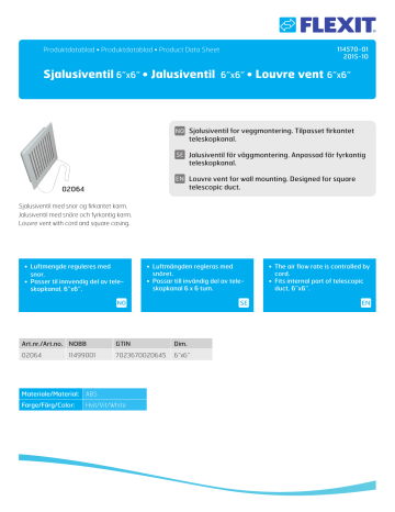 Flexit Louvre grille 6X6" Data Sheet | Manualzz