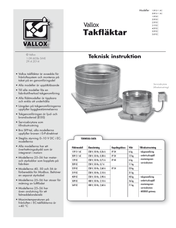 Vallox AC Roof Ventilators Bruksanvisning | Manualzz