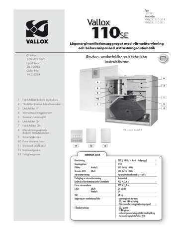 Vallox 110 SE Ventilation unit Bruksanvisning | Manualzz