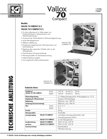 Vallox 70 Compact Ventilation unit Bedienungsanleitung | Manualzz