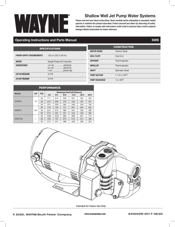 Wayne SWS75 3/4 HP Cast Iron Shallow Well Jet Pump Manual | Manualzz