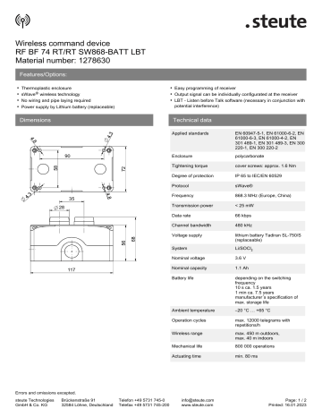 Steute RF BF 74 RT/RT SW868-BATT LBT Data Sheet | Manualzz