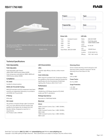 RAB Lighting RBAY17M/480 High Bay Spec Sheet | Manualzz