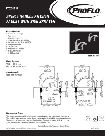 PROFLO PFXC1911CP Single Handle Kitchen Faucet Specification | Manualzz