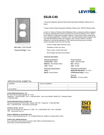 Leviton SSJ8-C40 C-Series 1 Gang Wall Plate Specification | Manualzz