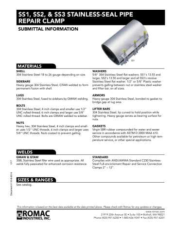 Romac Industries 112-09791600 Style SS2 8 x 16 in. Stainless Steel Repair Clamp Specification ...