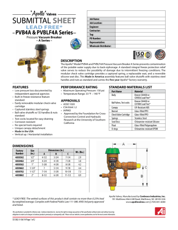 Apollo Valves 4A508A2F 2 x 2 in. Pressure Vacuum Breaker Specification ...