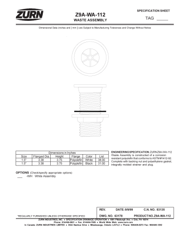Zurn Corrosive Waste Drainage Z9A-WA-112-W Waste Assembly Specification ...